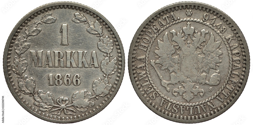 Finland Finnish silver coin 1 one mark 1866, Russian Administration ...