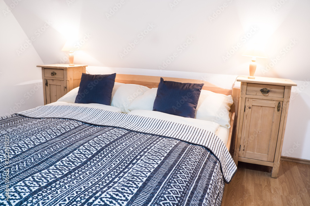 Solid wooden bed for a healthy sleep, Cozy rustic rural room with ...