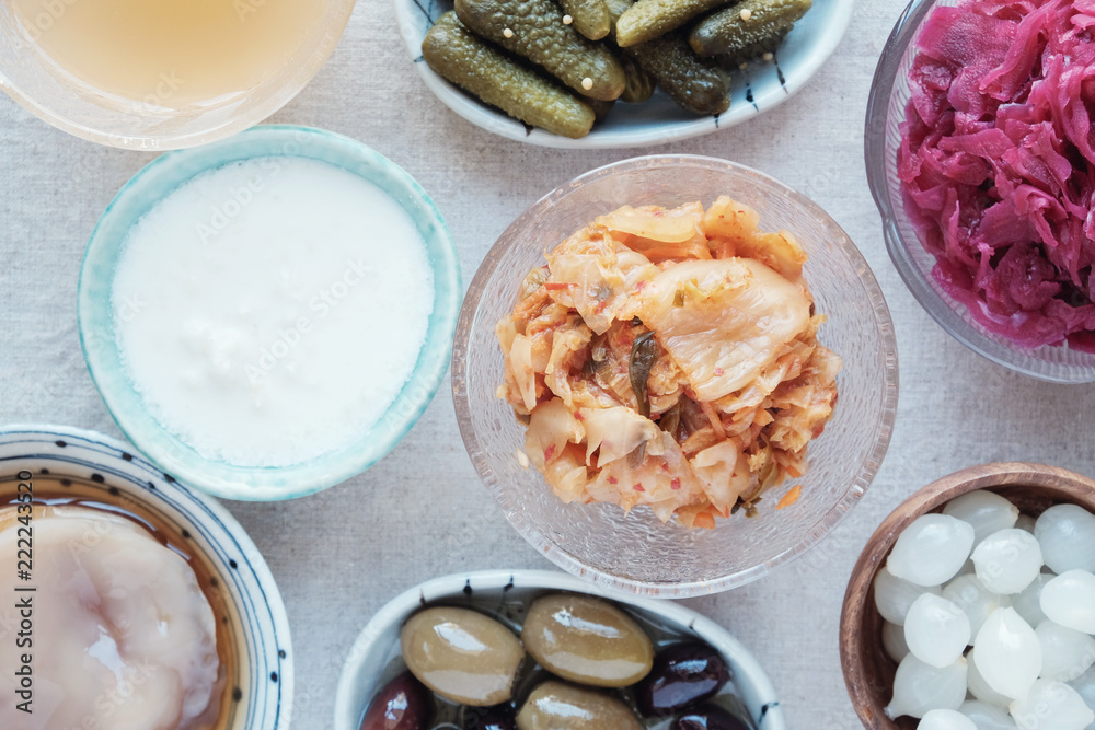 variety of fermented probiotic foods for gut health Stock Photo | Adobe ...