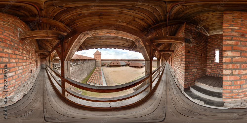 Interior of medieval castle at the summer with blue sky. 3D spherical ...