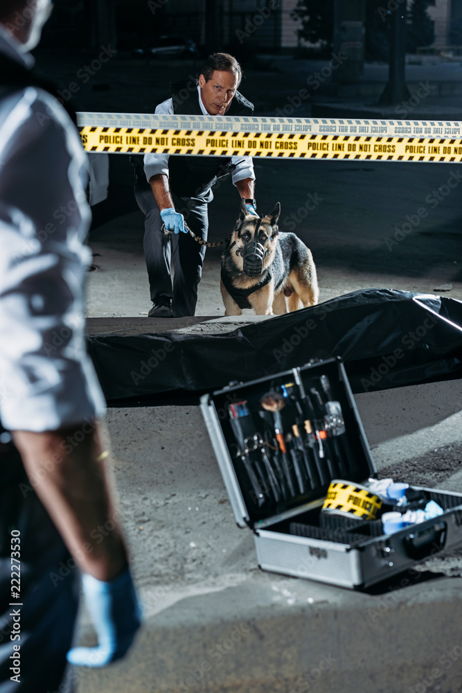partial view of police officer standing near case with investigation ...