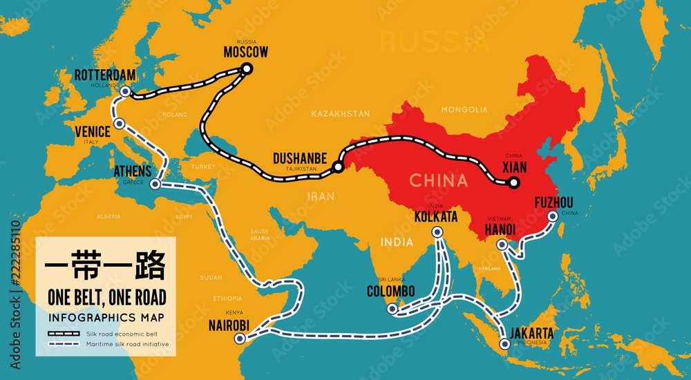 One belt one road. New Chinese trade silk road. Vector map infographics ...