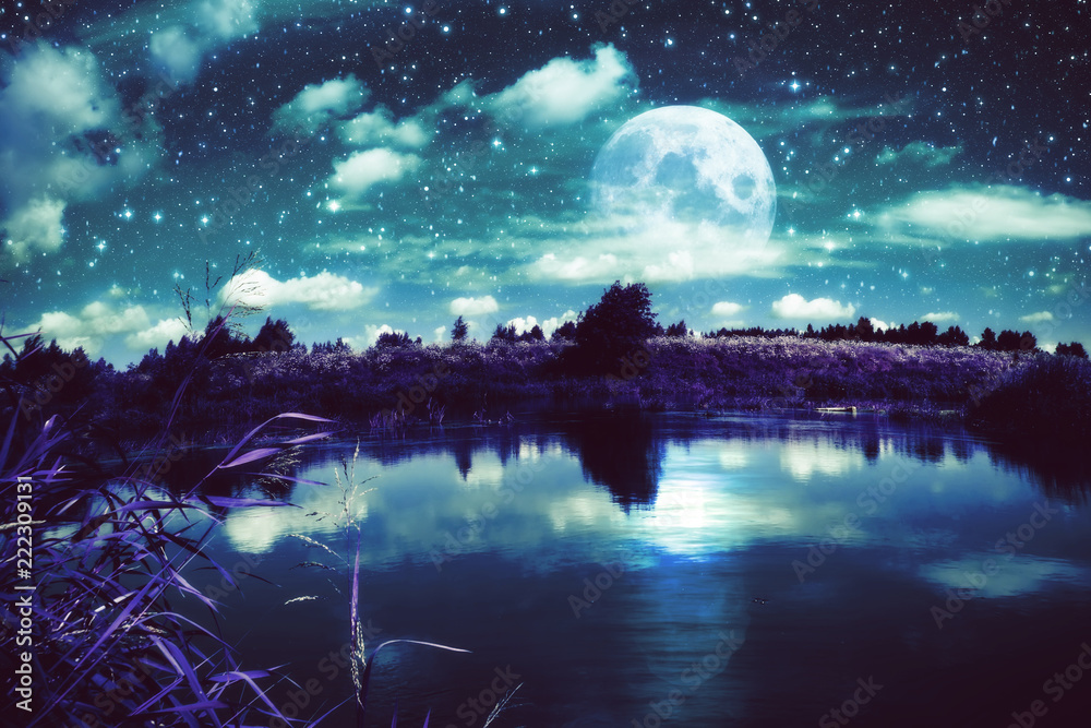 Full moon over river Stock Illustration | Adobe Stock