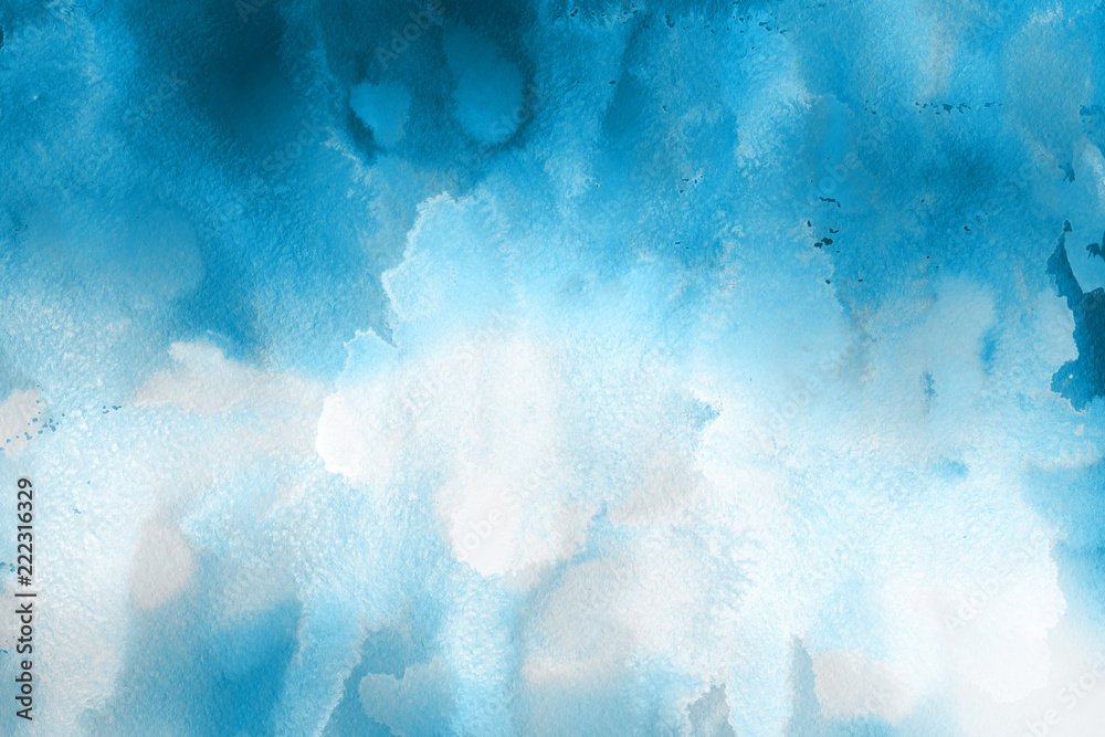 Blue winter watercolor ombre leaks and splashes texture on white ...