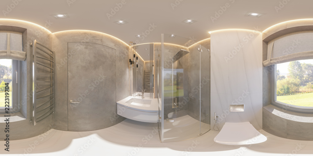 Spherical 360 degrees, seamless panorama bathroom interior design with ...