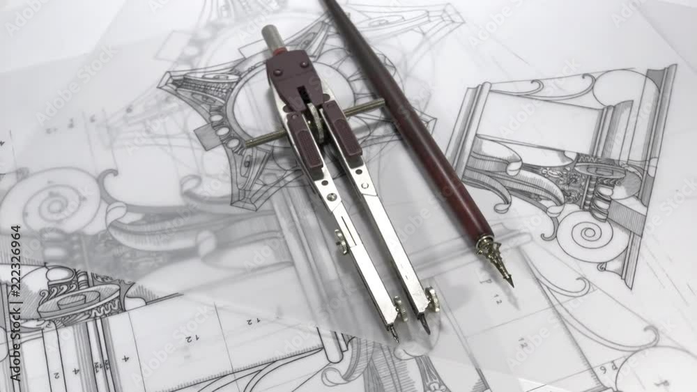 Blueprints - compass, fountain pen for calligraphy and drawing of the ...