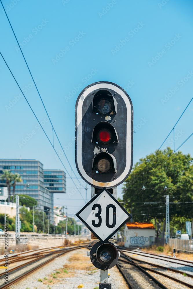 Traffic light shows green signal on railway Stock Photo | Adobe Stock