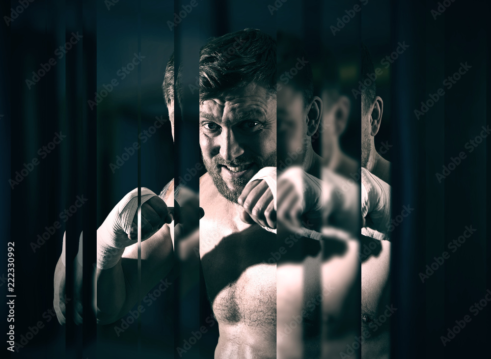 Boxer boxing in punching bag. Mirror effect Stock Photo | Adobe Stock