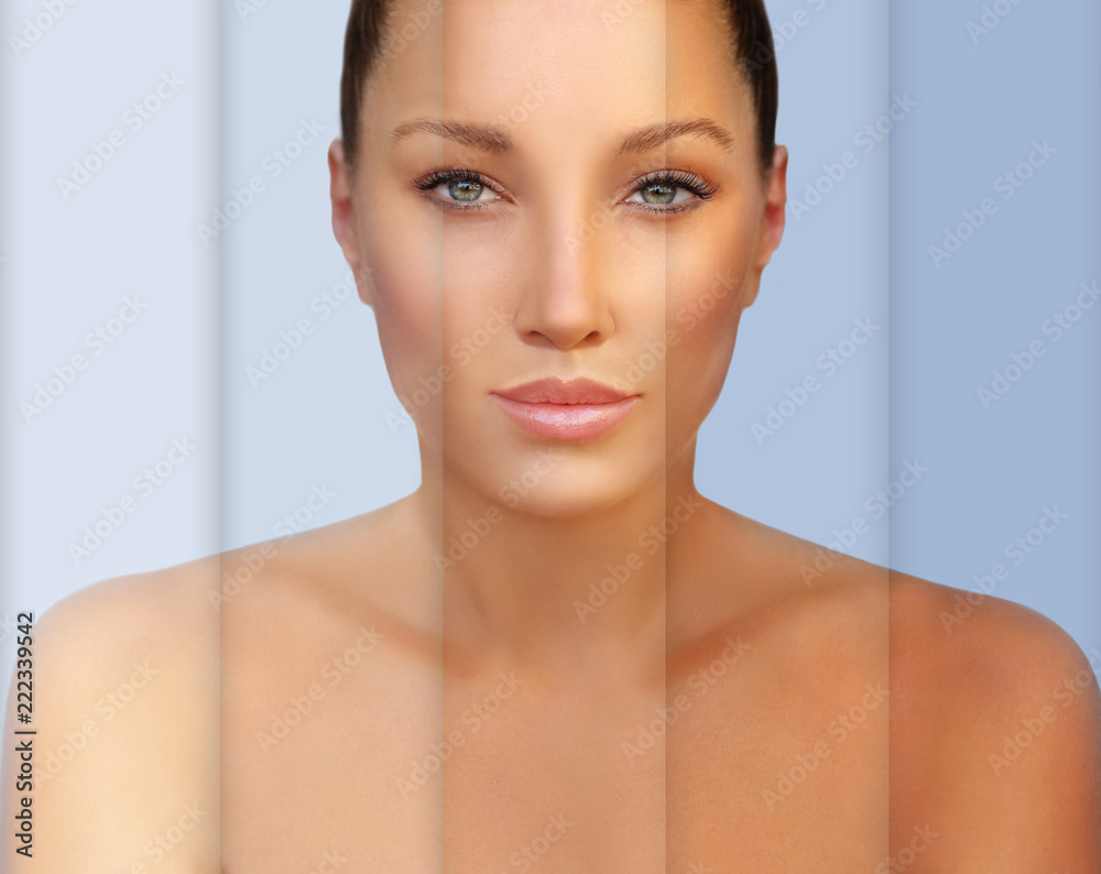Beauty visual about suntan. Model's face divided in parts - tanned and ...