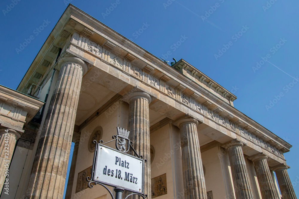 Platz des 18 Marz sign in front of the Brandenburger Tor in Berlin, the ...