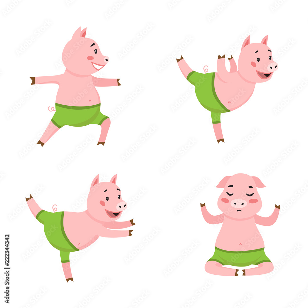 Pig doing exercises icon set. Fitness, training, stretching. Yoga ...