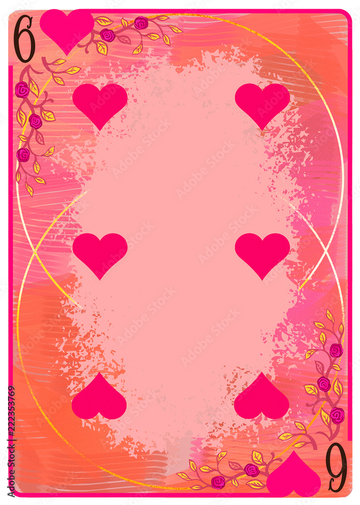 Six of Hearts playing card. Unique hand drawn pocker card. One of 52 ...