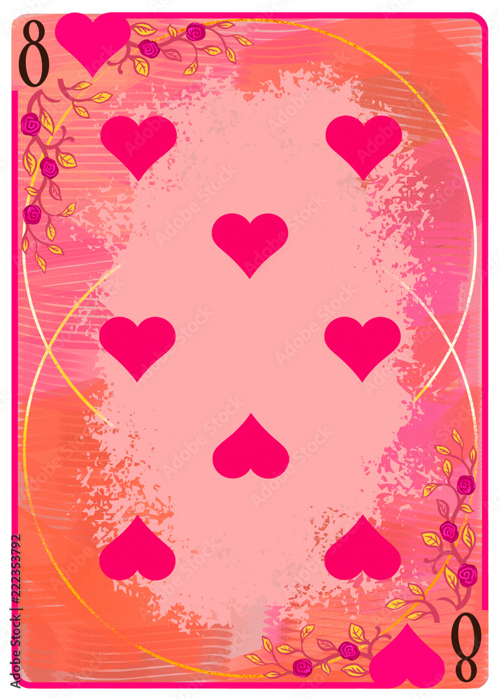 Eight of Hearts playing card. Unique hand drawn pocker card. One of 52 ...