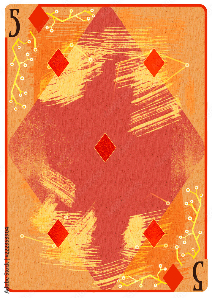 Five of Diamonds playing card. Unique hand drawn pocker card. One of 52 ...