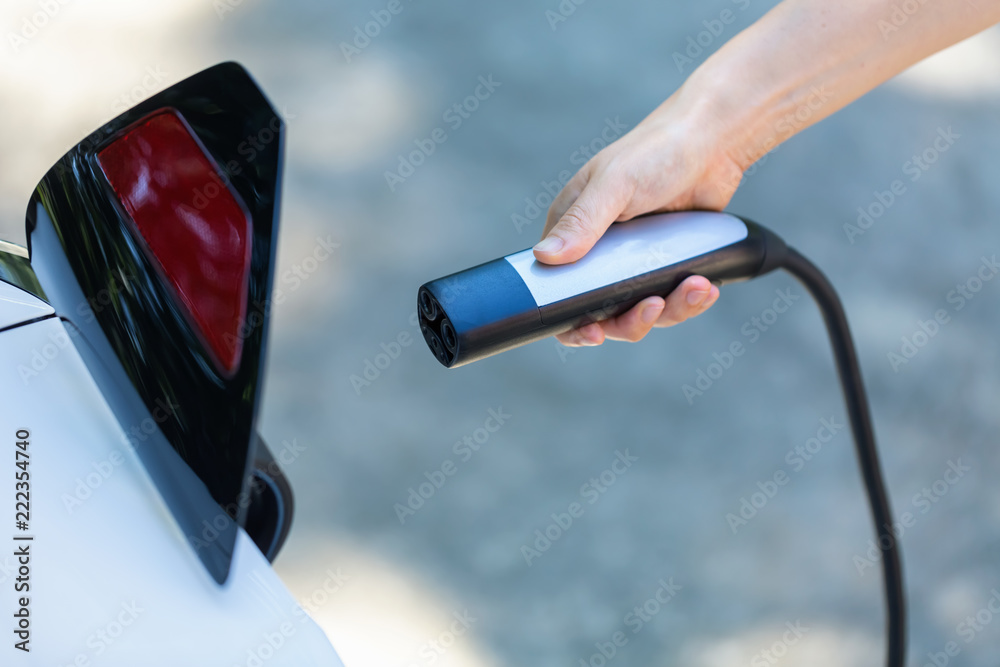 Person charging an electric vehicle with green background Stock Photo ...