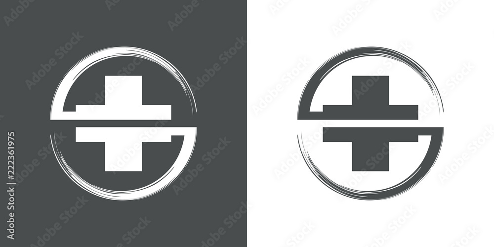 Vetor de Logotipo cruz en circulo girando en horizontal en gris y ...