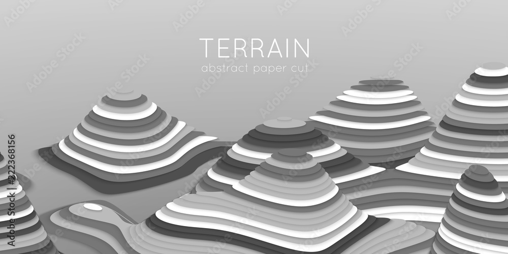 Abstract monochrome 3d paper cut terrain. Paper sclices with soft ...