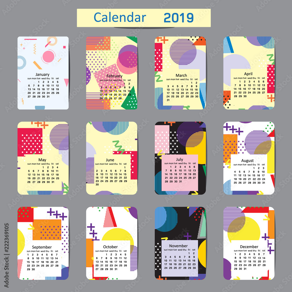 Cute calendar for 2019, original backgrounds, pastel colors vector ...