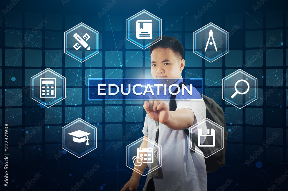 Press or touch the Education button. Student touching virtual screen ...