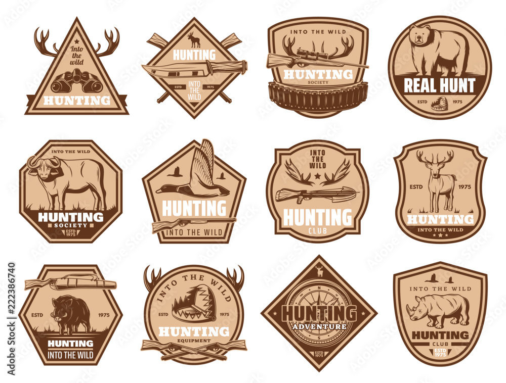Wild animals vector icons and hunting equipment Stock Vector | Adobe Stock