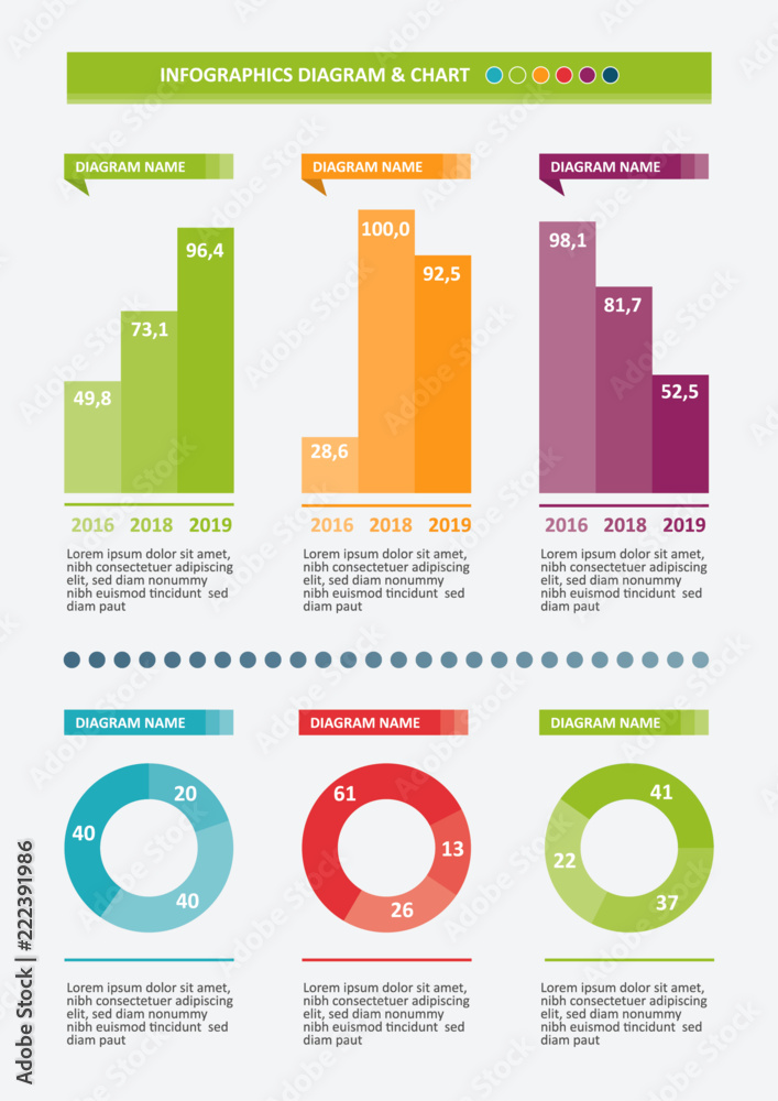 Infographics templates with bar and circle pie graph and chart set ...