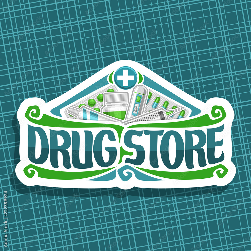 Vector logo for Drug Store, cut paper sign with green container ...