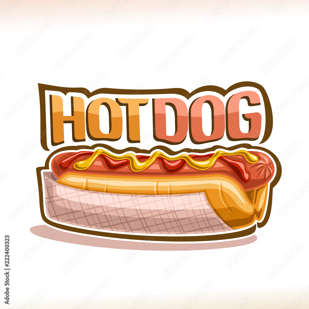 Vector poster for Hot Dog, pork sausage in fresh cut bun with yellow ...