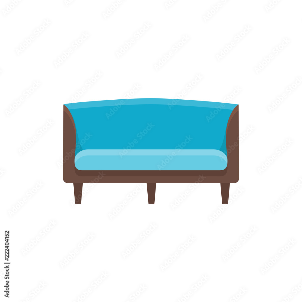 Blue wooden sofa. Vector illustration. Flat icon of settee. Front view ...