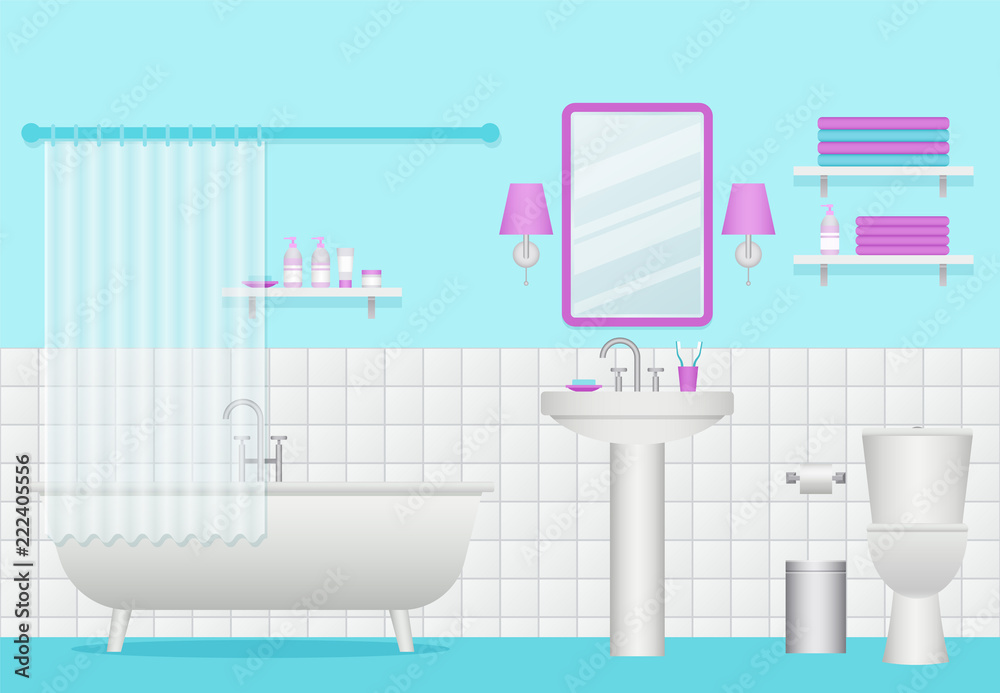 Bathroom interior. Vector. Toilet with furniture, plumbing in flat ...