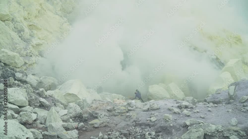 Extraction of sulfur in the crater of a volcano. Sulfur, sulfur gas ...
