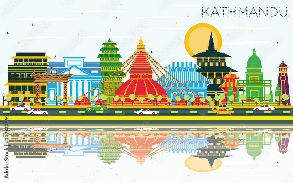 Kathmandu Nepal City Skyline with Color Buildings, Blue Sky and ...