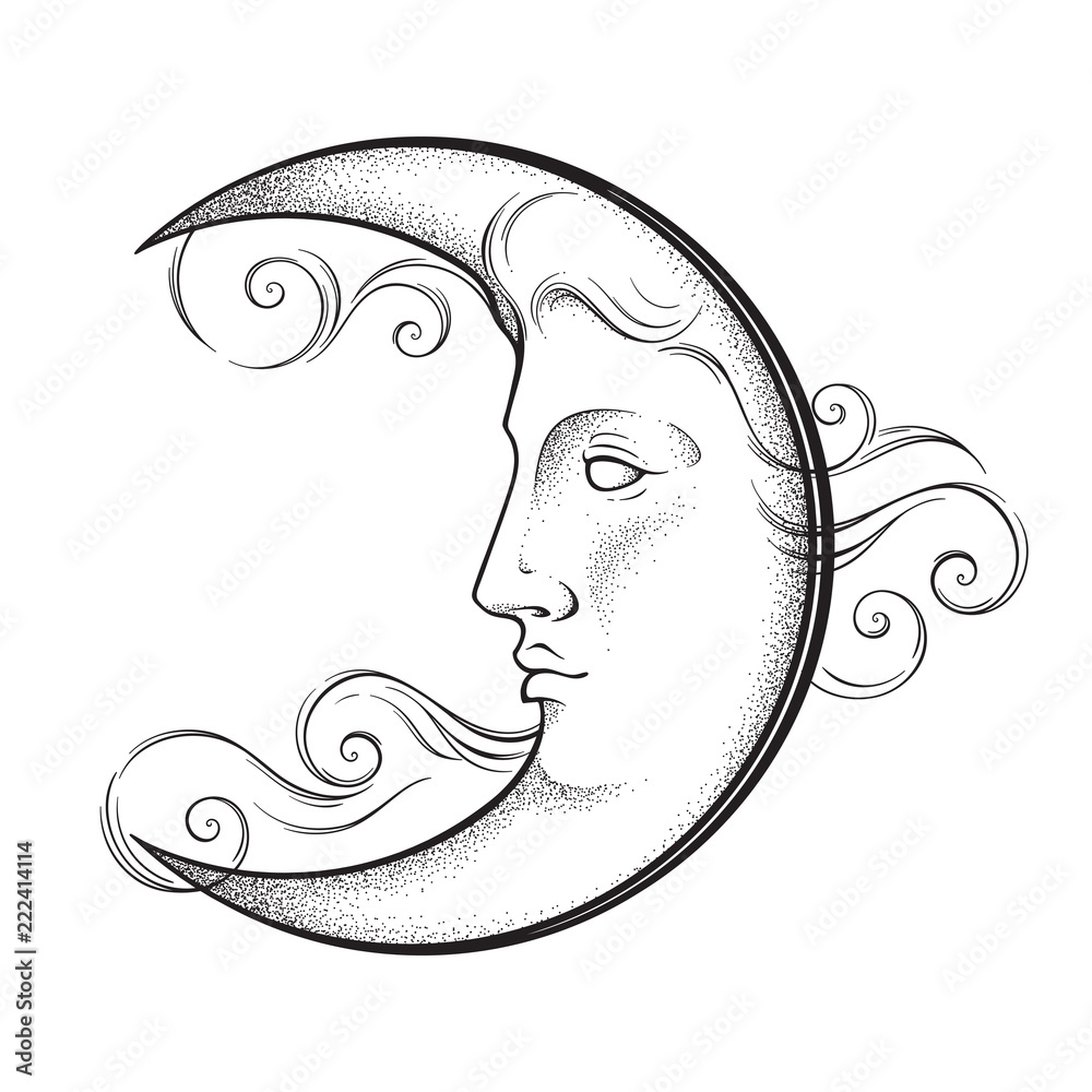 Crescent moon with face in antique style hand drawn line art and ...