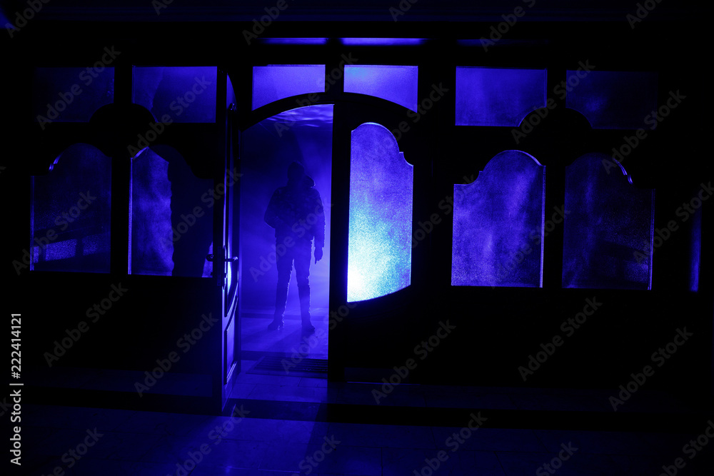 Silhouette of an unknown shadow figure on a door through a closed glass ...