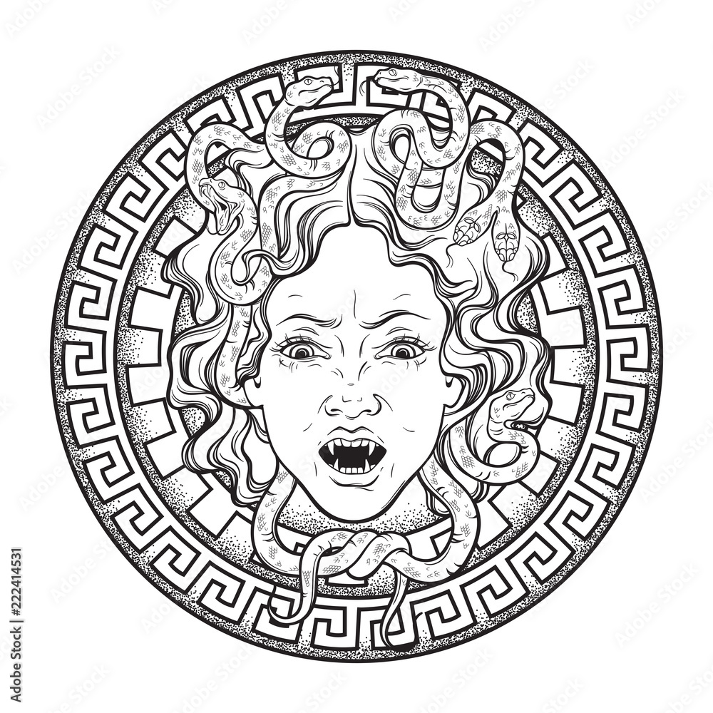 Medusa Gorgon head on a shield hand drawn line art and dot work tattoo ...