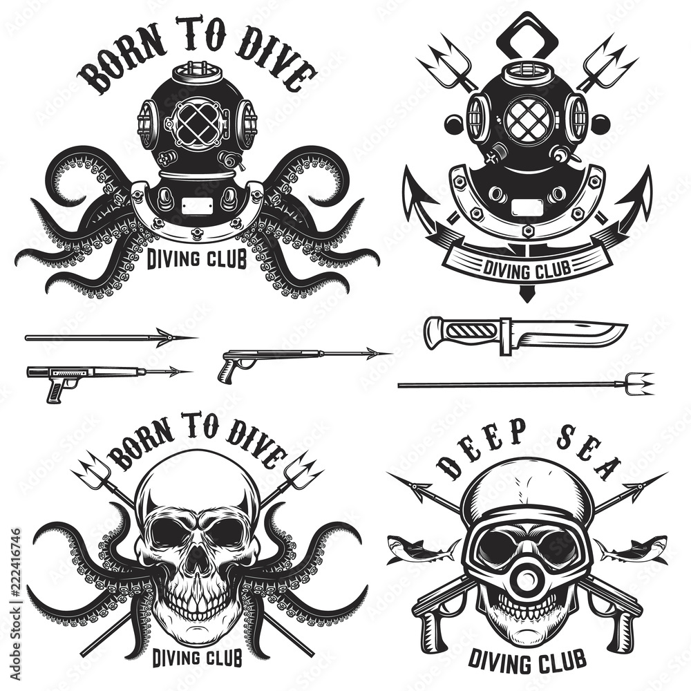 Born to dive. Set of vintage diver helmets, diver label templates and ...