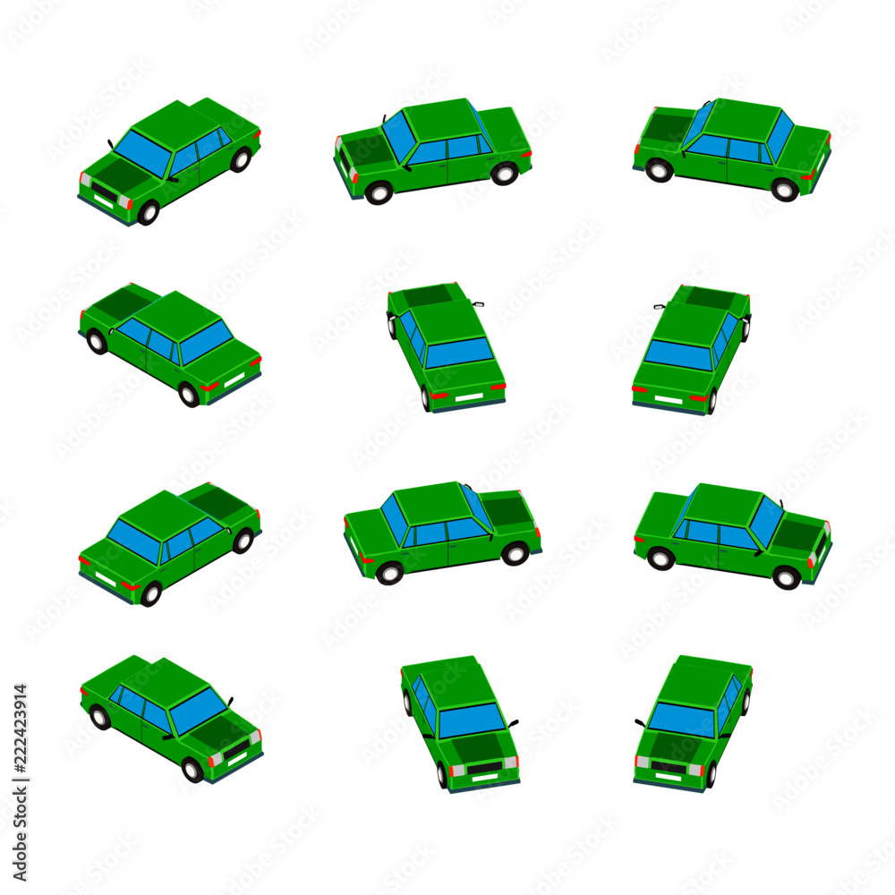 Animation of the rotation of the car in isometric view. Green car with ...