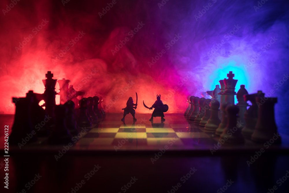 Medieval battle scene with cavalry and infantry on chessboard. Chess ...