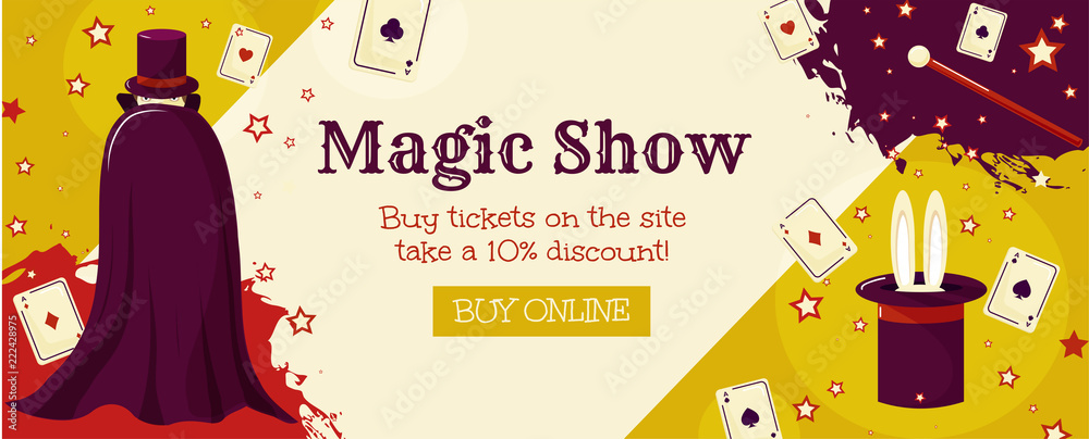 Magic show. A banner template with a wizard, cards and a magic wand ...