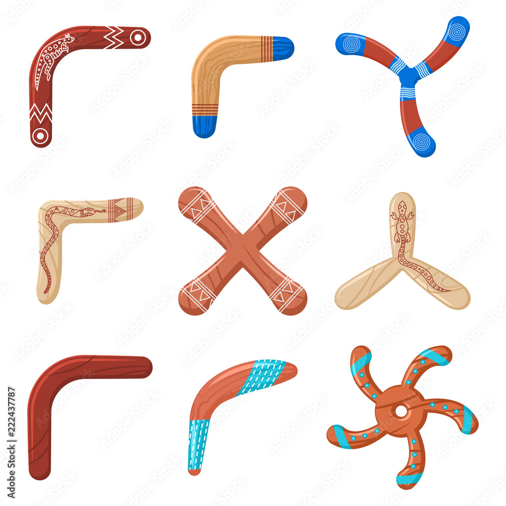 Boomerangs of different shapes with patterns of kangaroos, lizards and ...