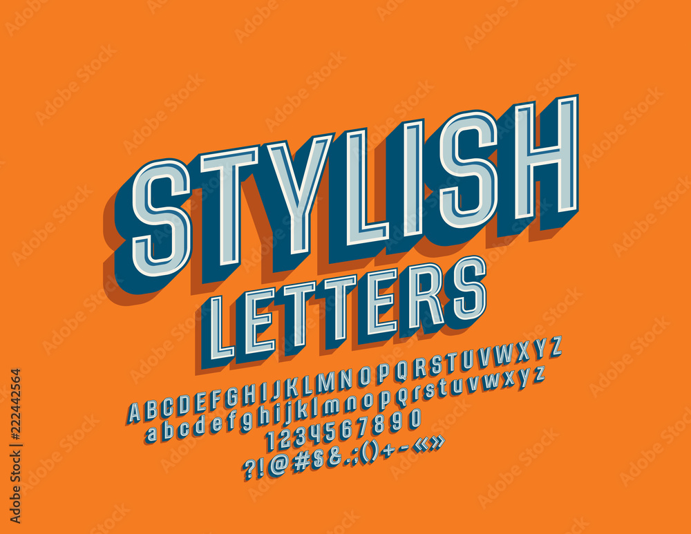 Vector Stylish Font. 3D Retro style Alphabet Letters, Numbers and ...