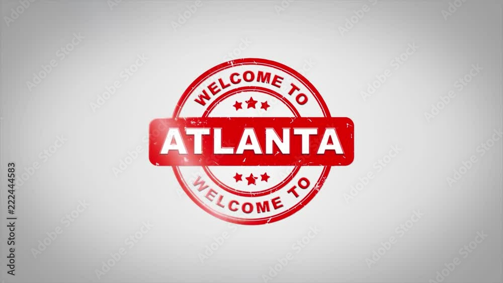 Welcome to ATLANTA Signed Stamping Text Wooden Stamp Animation. Red Ink ...