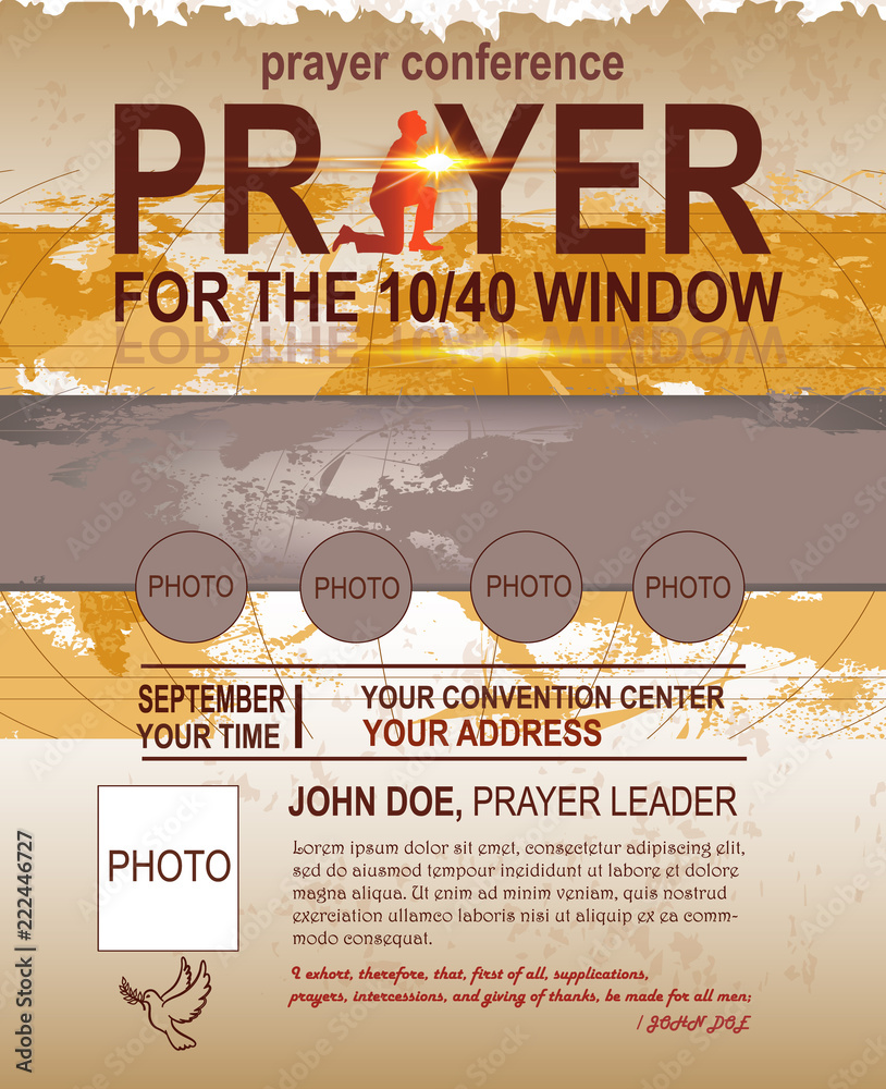 Cover or flyer prayer conference design template with world map and ...