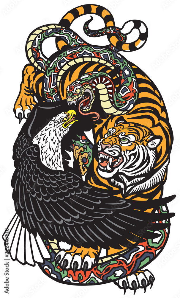 eagle snake and tiger. Three spiritual symbolic animals . Tattoo style ...