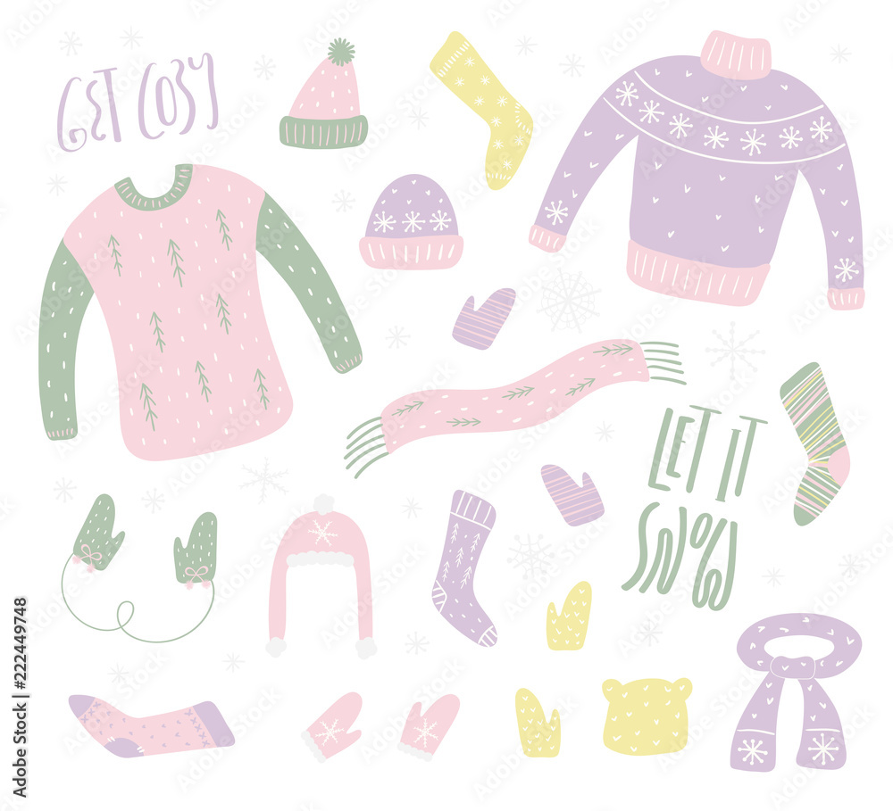 Big set of cute winter clothes, with lettering quotes Let it snow, Get ...