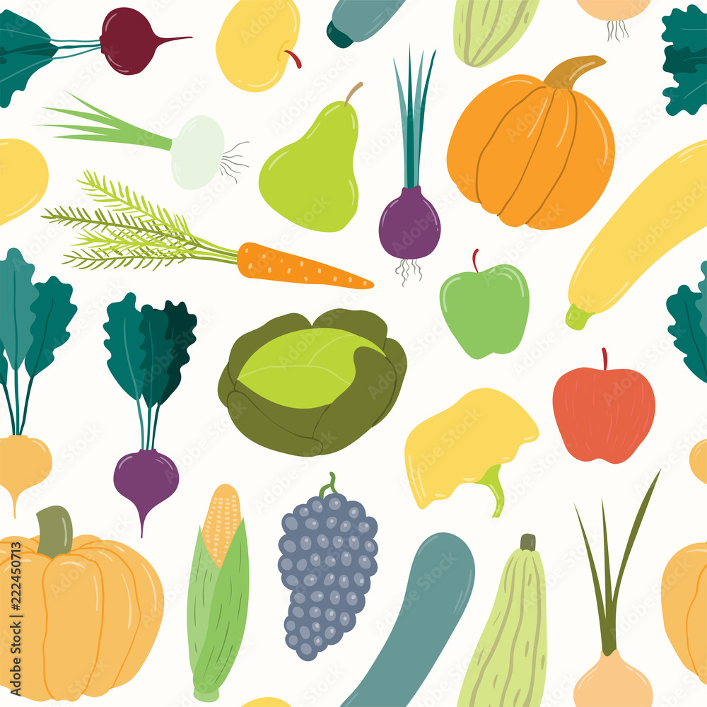 Seamless repeat pattern with different fruits and vegetables. Hand ...