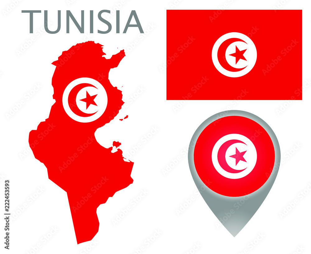 Colorful flag, map pointer and map of Tunisia in the colors of the Tunisian flag. High detail ...