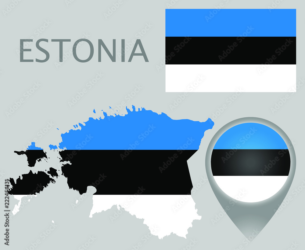 Colorful flag, map pointer and map of Estonia in the colors of the Estonian flag. High detail ...