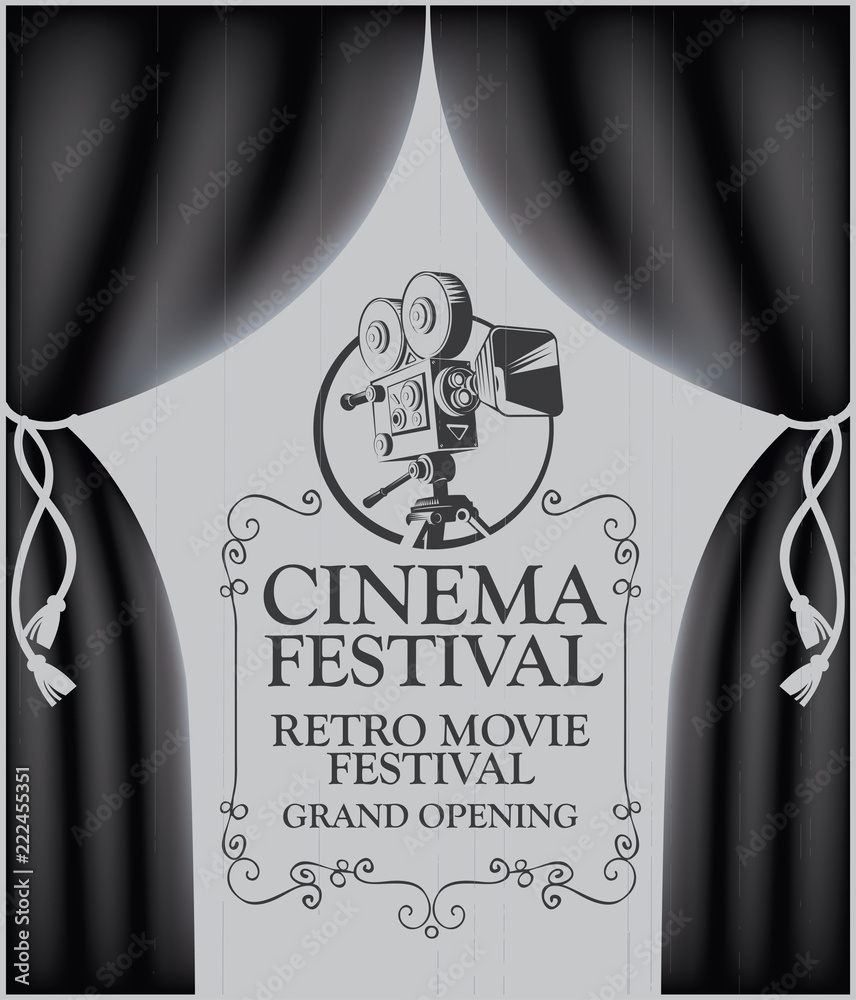 Vector cinema festival poster with black Curtains and retro movie ...