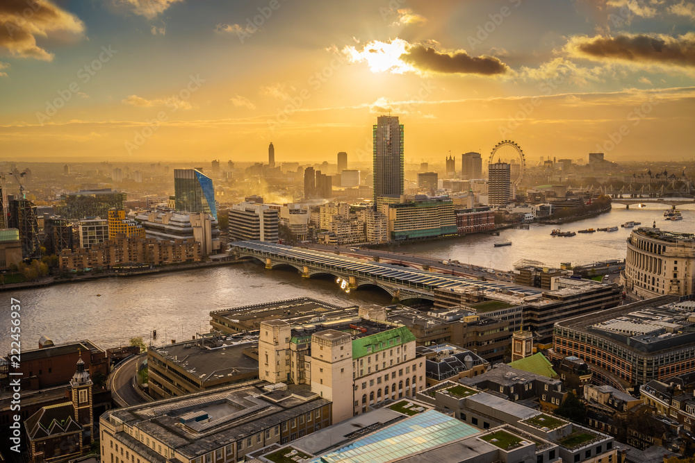 London, England - Panoramic aerial skyline view of London at sunset ...