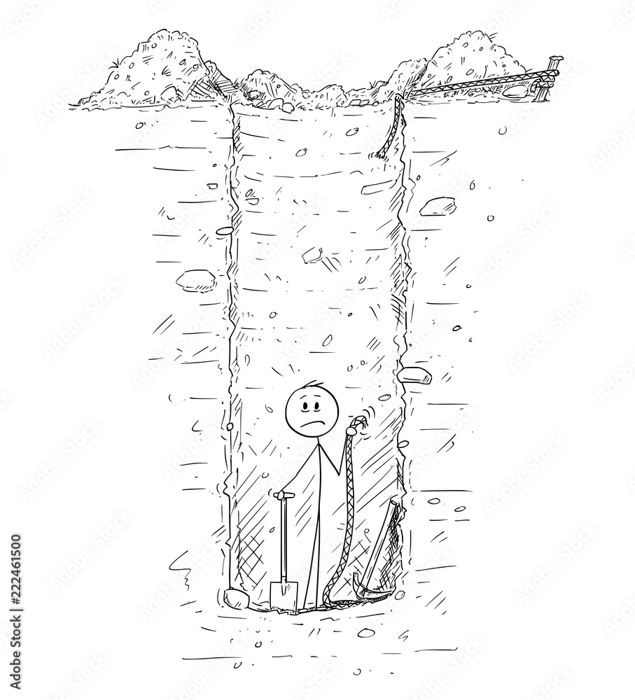 Cartoon stick drawing conceptual illustration of man trapped alone down ...
